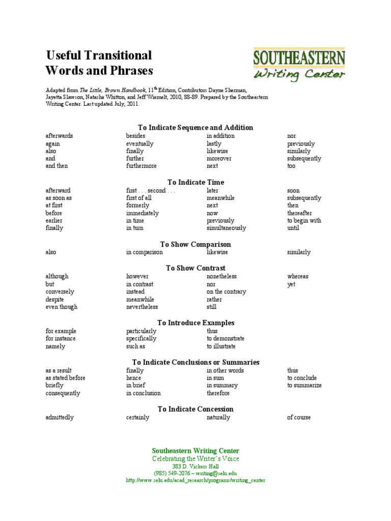 Useful Transitional Words and Phrases: To Indicate Sequence and ...
