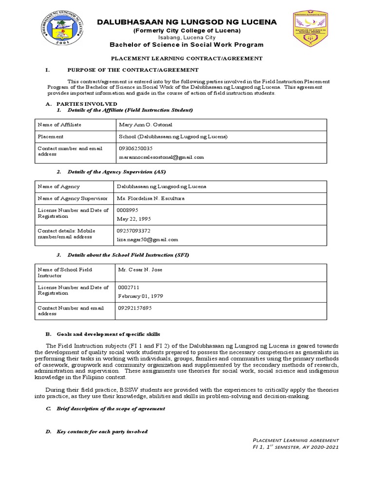 1-PLACEMENT-LEARNING-CONTRACT (1) .Docx Ostonal | PDF | Academic Term ...