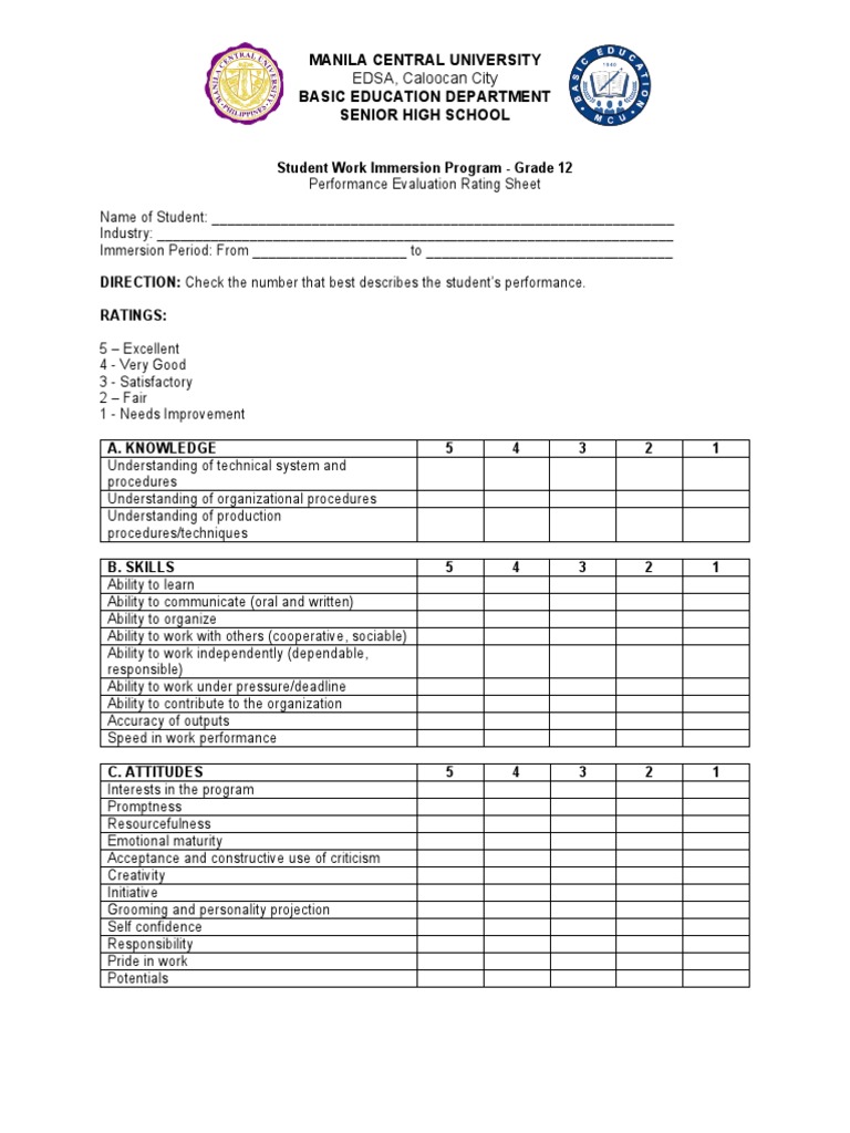 Student Work Immersion Program - Grade 12: Manila Central University ...