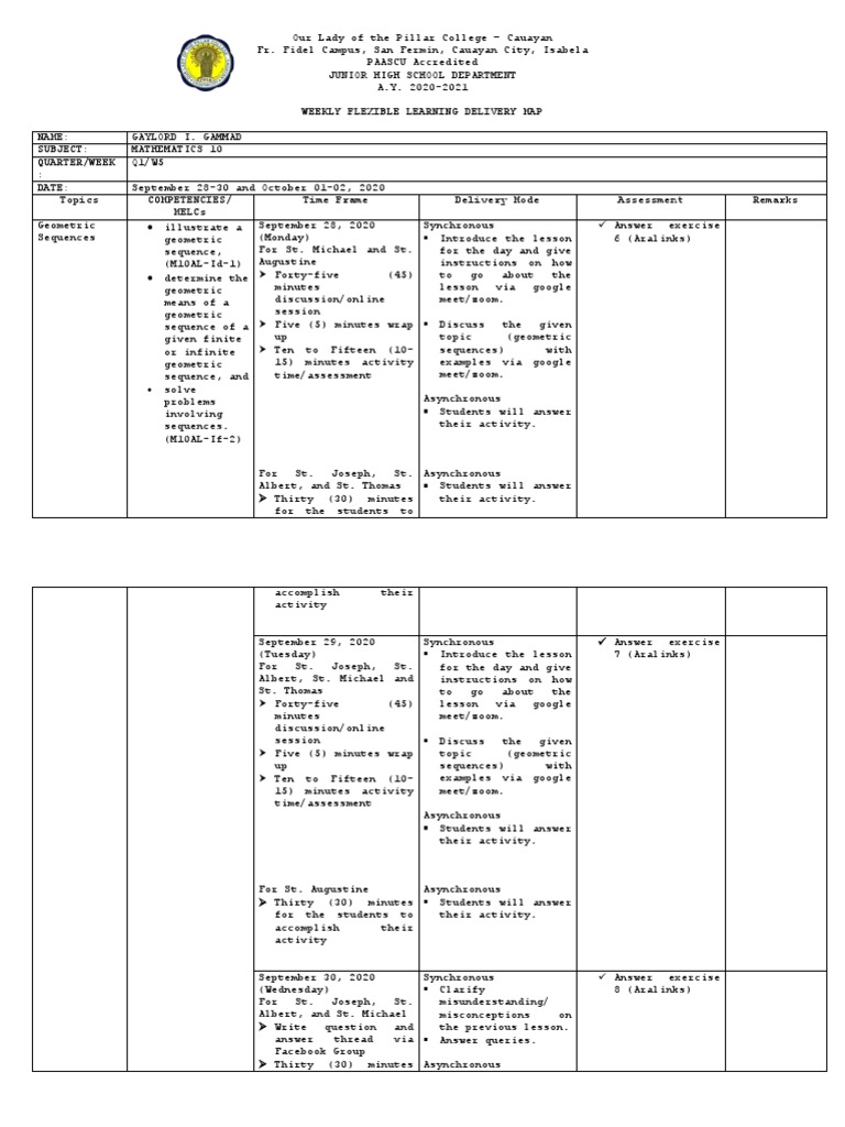 Weekly Flexible Learning Delivery Map Name: Subject: Quarter/Week: Date ...