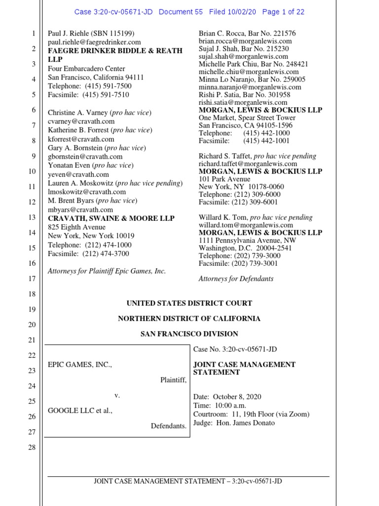 Joint Case Management Statement - Epic v. Google | PDF | Google Play ...
