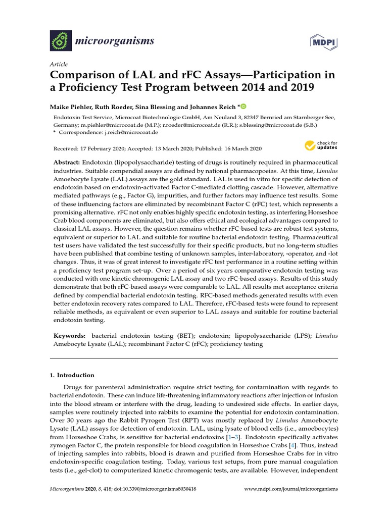 Microorganisms: Comparison of LAL and RFC Assays-Participation in A ...