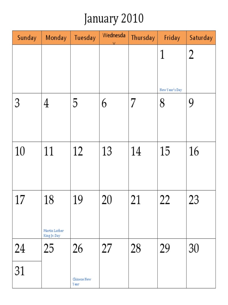 January 2010 1 2: Sunday Monday Tuesday Thursday Friday Saturday | PDF ...