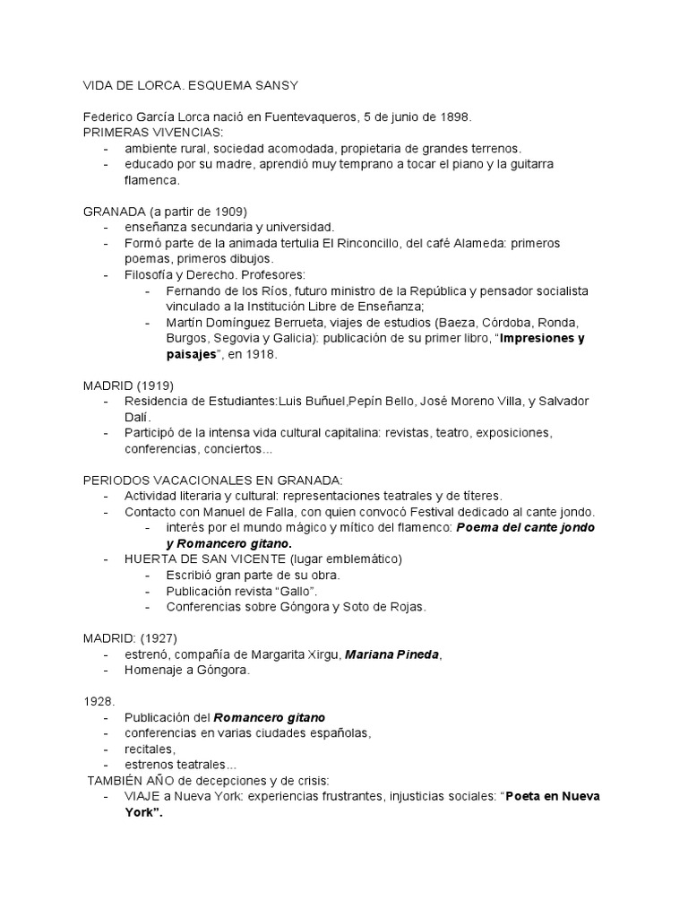 Vida de Lorca. Esquema Sansy | PDF | Federico García Lorca | Poesía