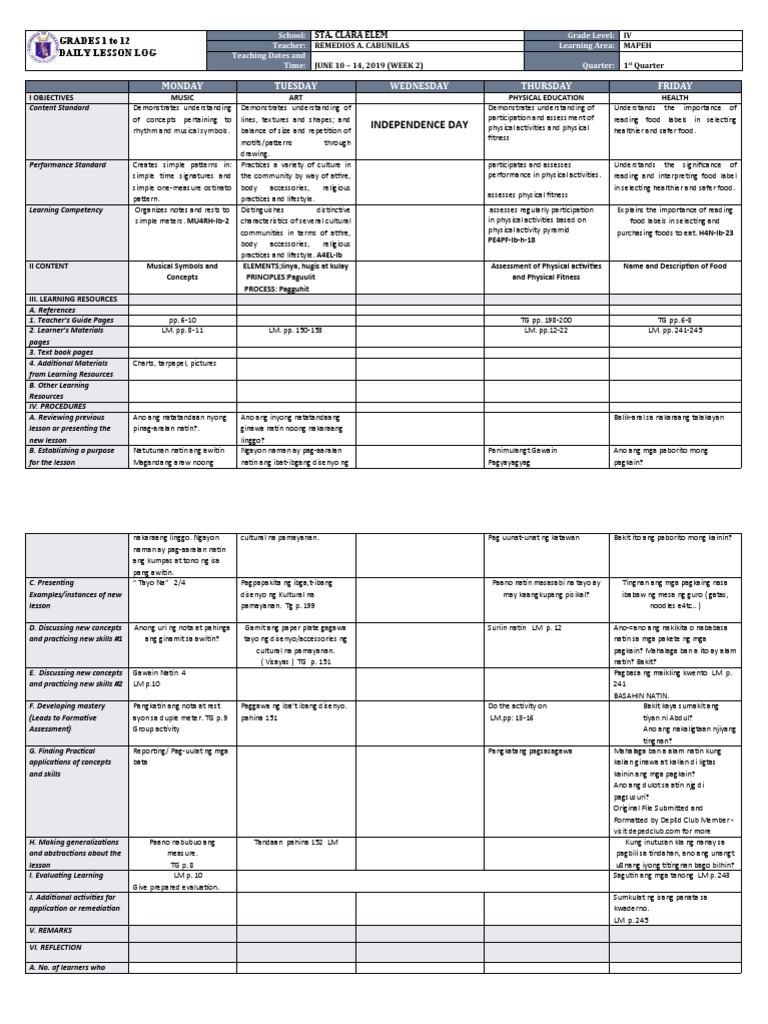 DLL - Mapeh 4 - Q1 - W2 | PDF | Cognition | Cognitive Science