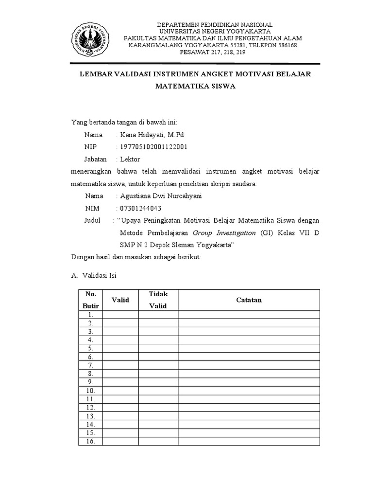 Lembar Validasi Angket Bu Kana | PDF