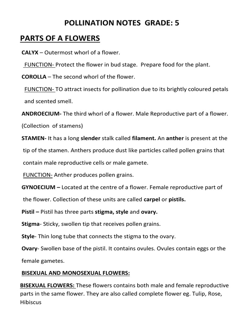 Pollination Notes Grade: 5 Parts of A Flowers | PDF