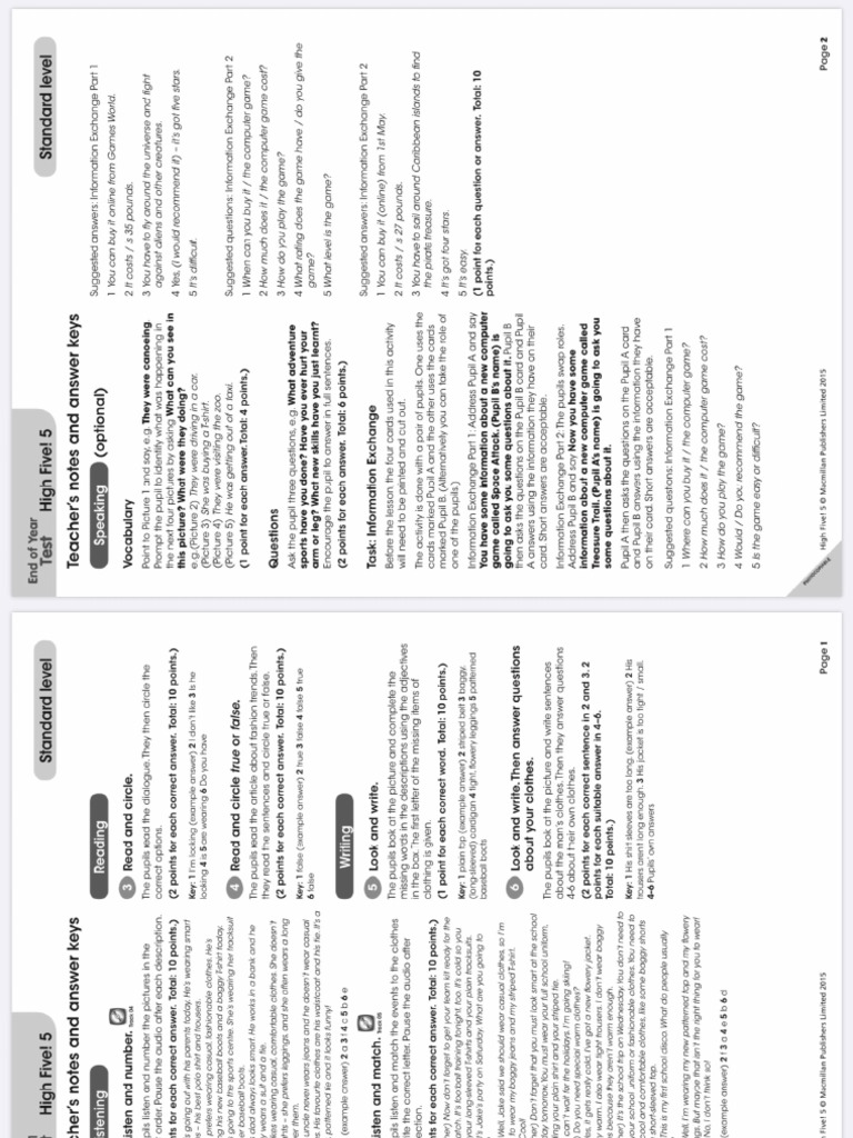High Five Standard Tests Answer Key | PDF