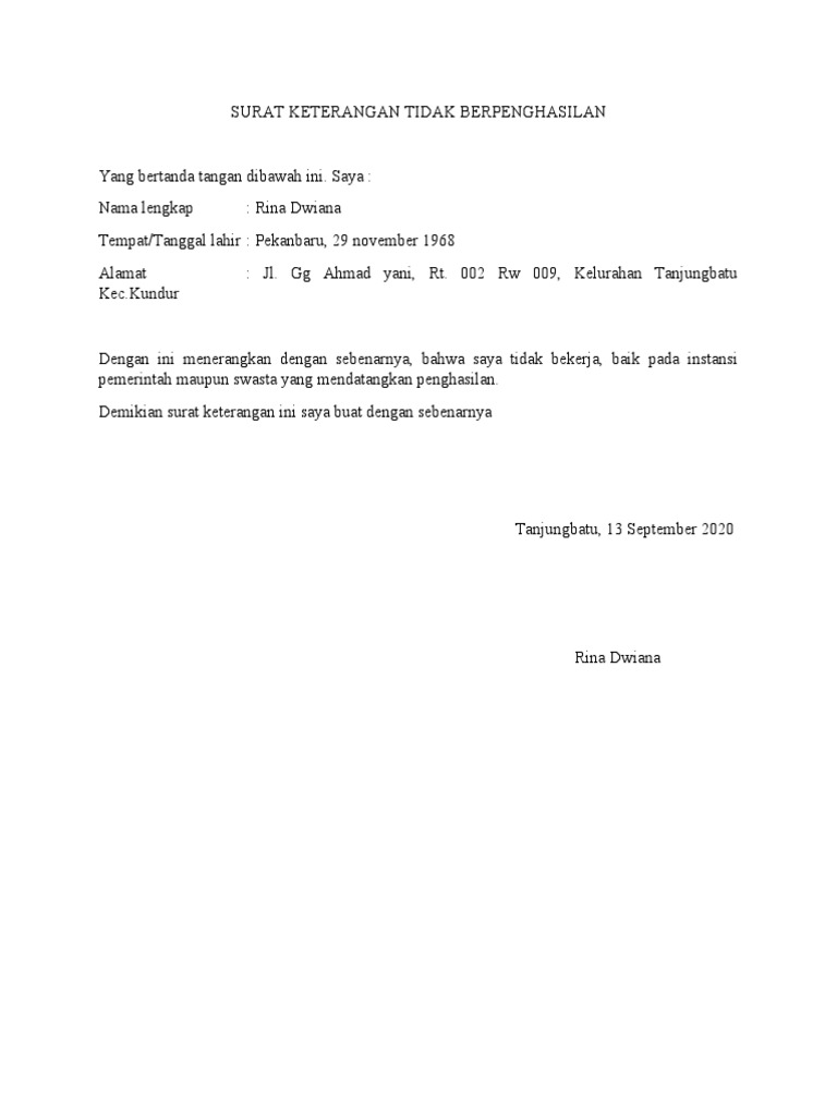 Surat Keterangan Tidak Berpenghasilan | PDF