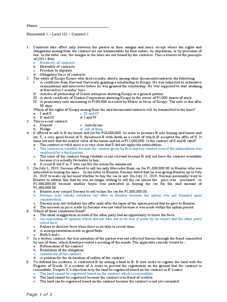 Analysis of Contract Law Principles in Various Hypothetical Scenarios ...