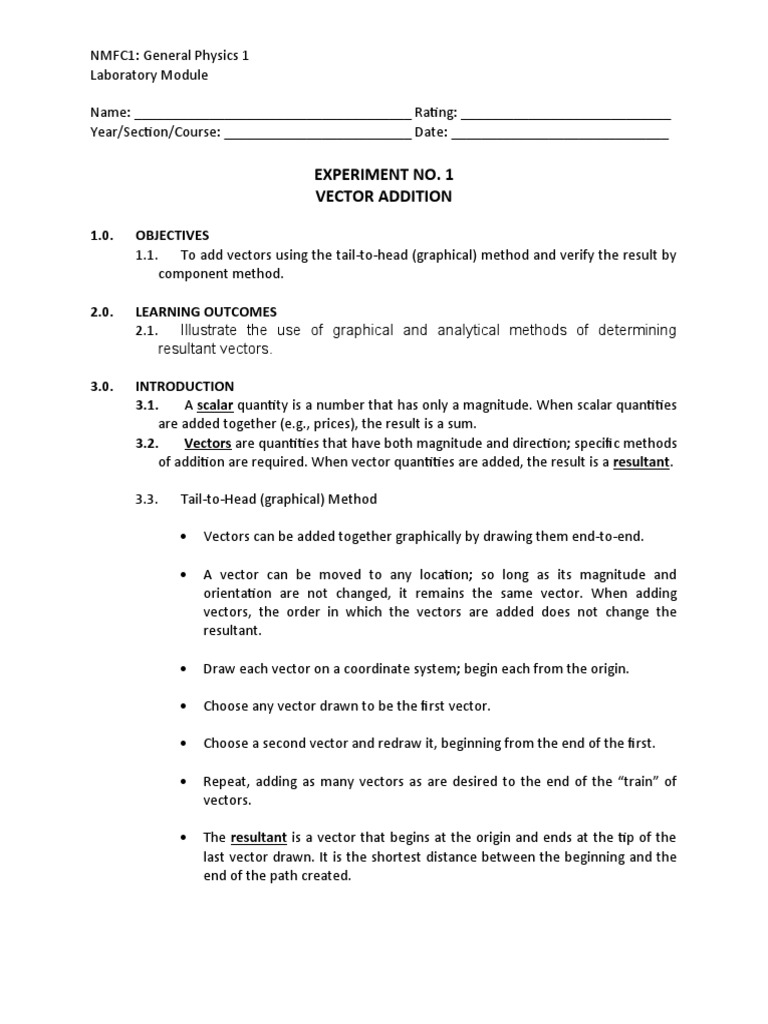 Experiment No. 1 Vector Addition | PDF | Euclidean Vector | Space