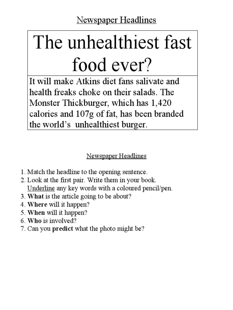 The Unhealthiest Fast Food Ever?: Newspaper Headlines | PDF