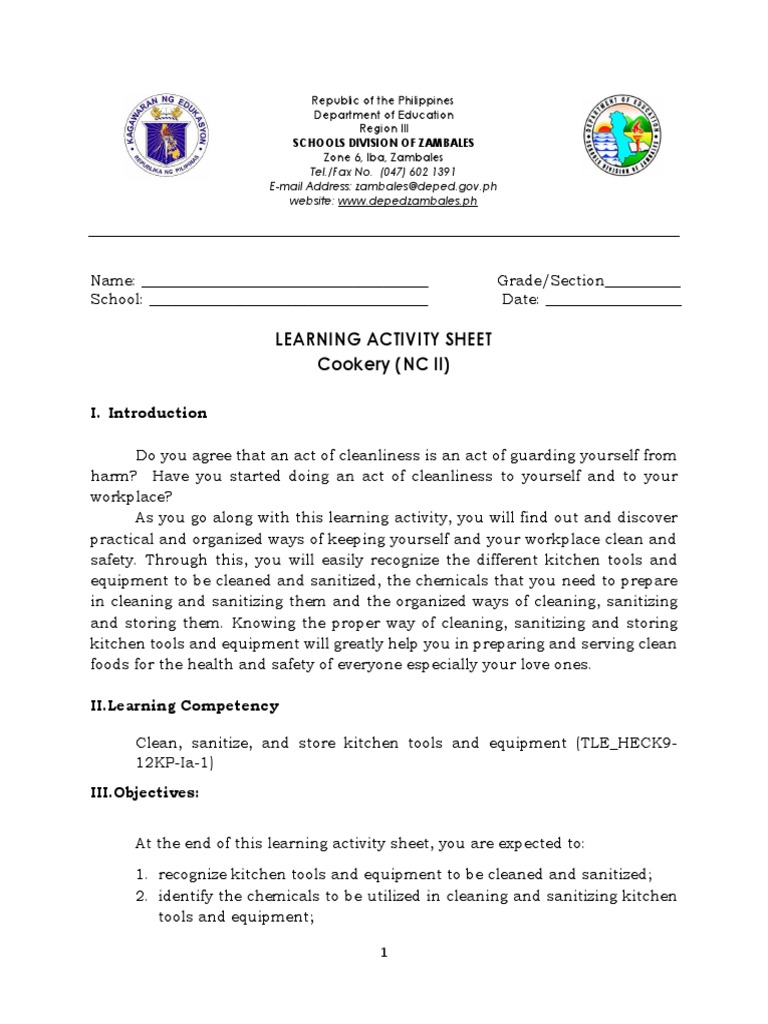 Learning Activity Sheet Cookery (NC II) | PDF | Disinfectant | Dishwasher