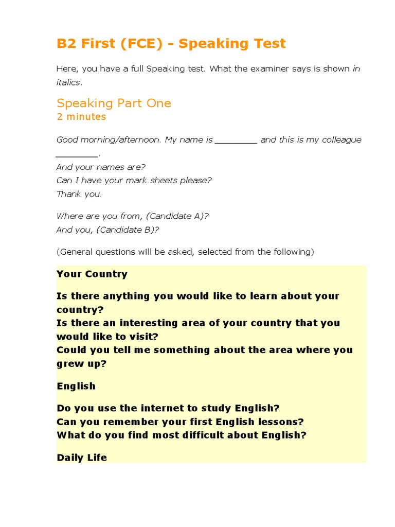 B2 First (FCE) - Speaking Test | PDF | Cognition