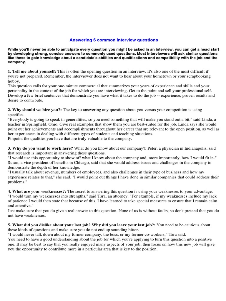 Answering 6 Common Interview Questions | PDF | Question | Interview