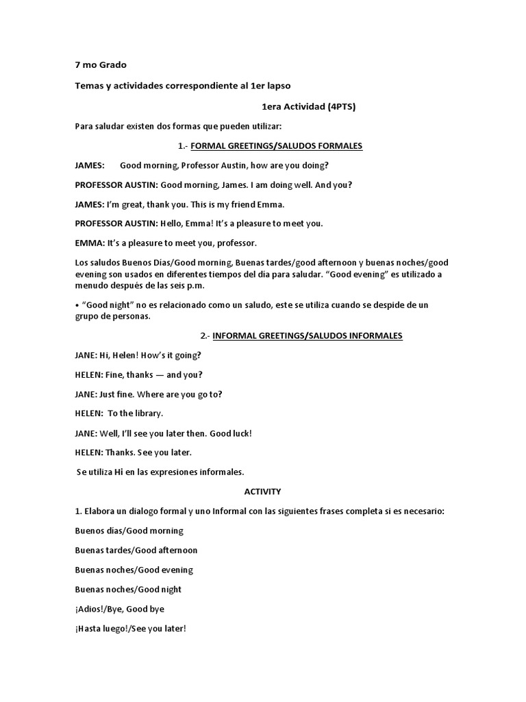 7th Grade English Class Activities on Greetings, Pronouns, Verbs ...