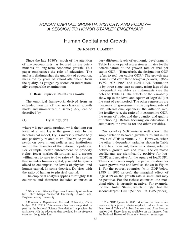 Human Capital: Growth, History, and Policy - A Session To Honor Stanley ...