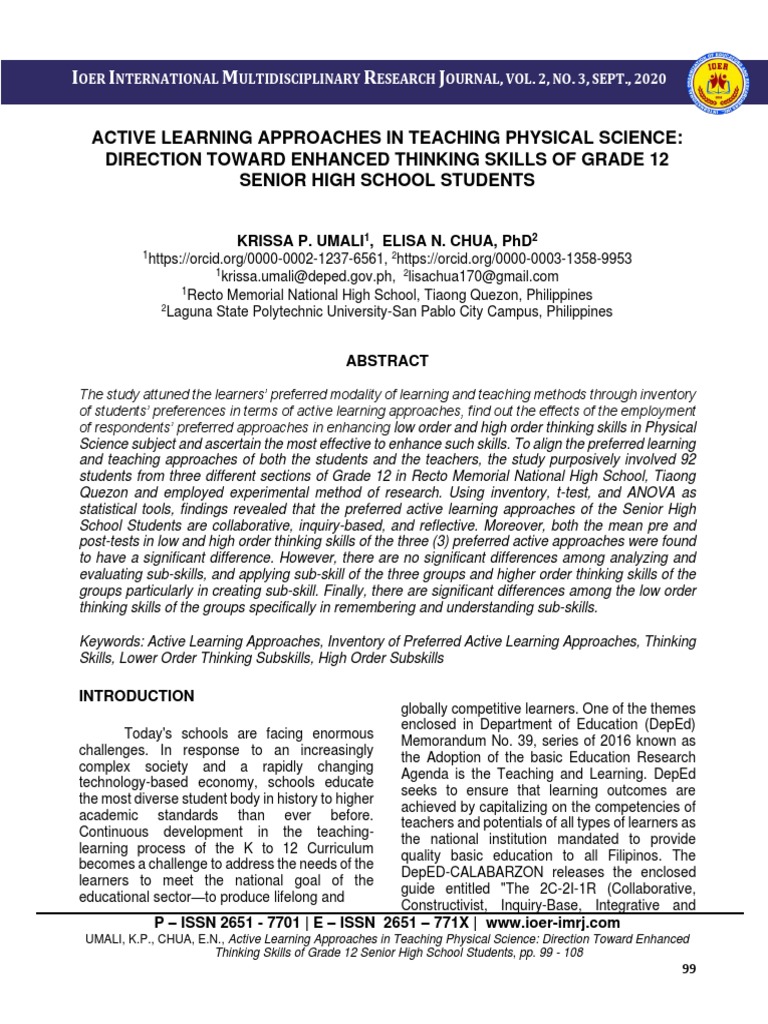 Active Learning Approaches In Teaching Physical Science Direction