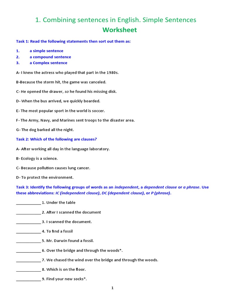 Combining Sentences in English. Simple Sentences | PDF