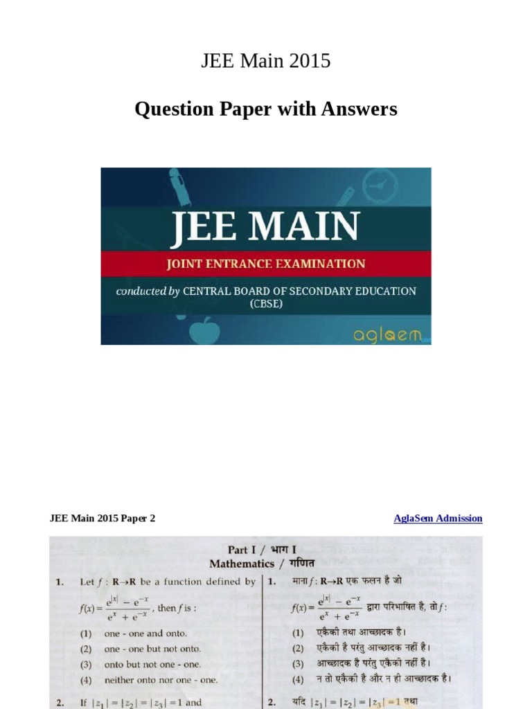 JEE Main 2015 Question Paper 2 PDF | PDF | Evaluation Methods | Science ...
