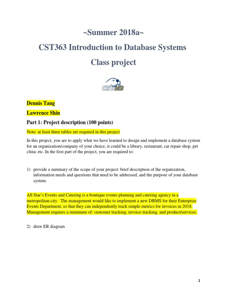 Summer 2018a CST363 Introduction To Database Systems Class Project | PDF | Databases | Sql