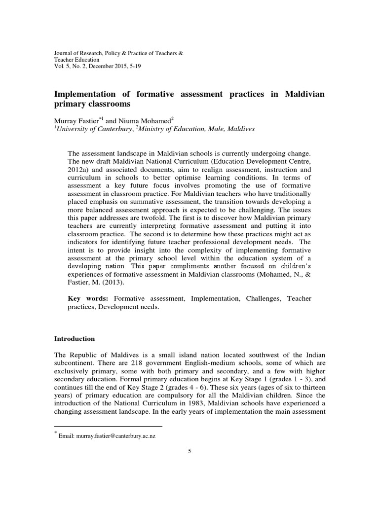 Implementation of Formative Assessment Practices in Maldivian Primary Classrooms | Download Free ...