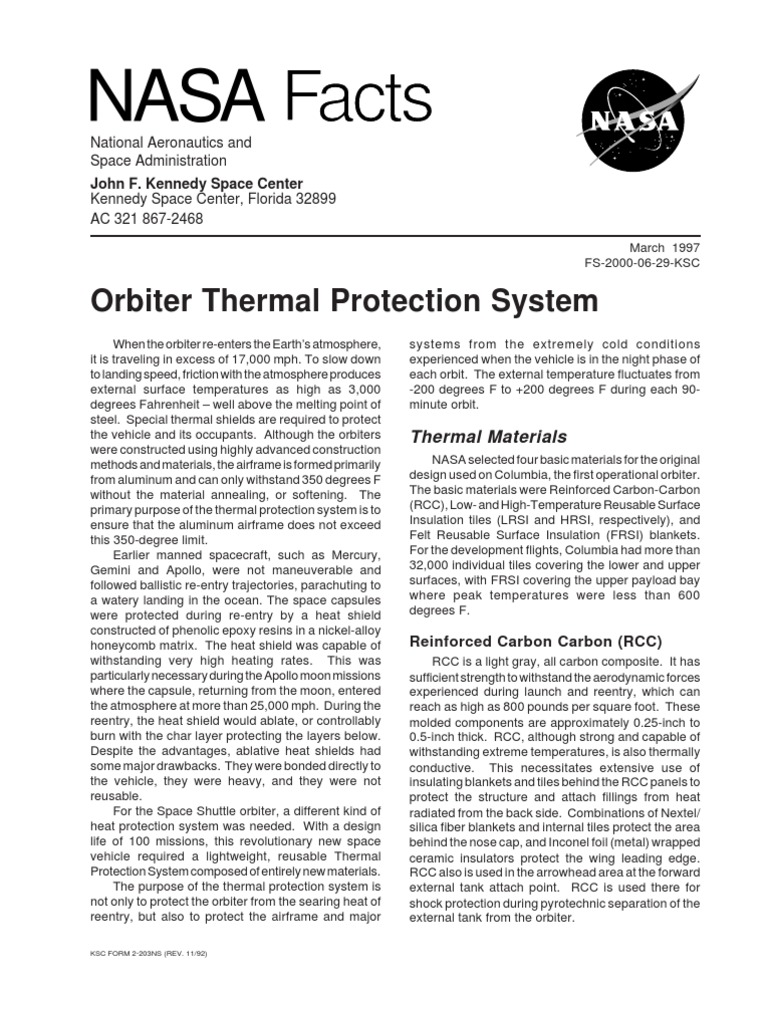 NASA Facts Orbiter Thermal Protection System 1997 | Download Free PDF ...