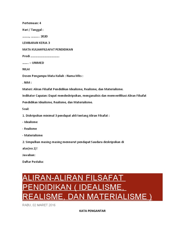 Aliran-Aliran Filsafat Pendidikan (Idealisme, Realisme, Dan Materialisme) | PDF