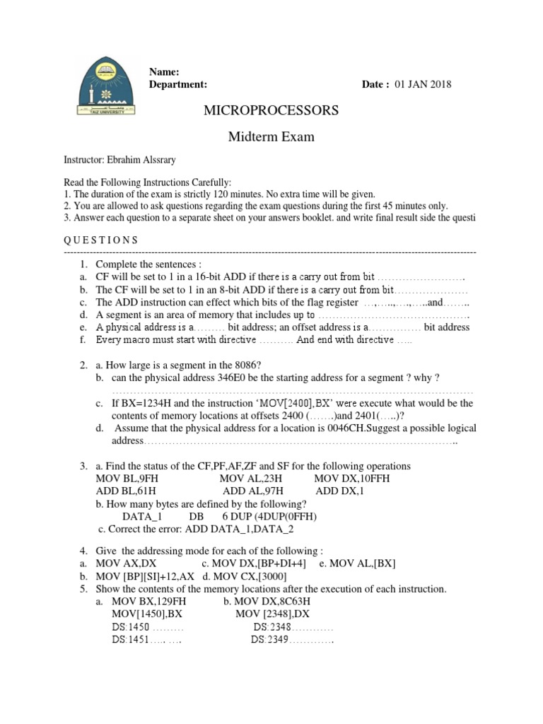 Microprocessors Midterm Exam Pdf Assembly Language Electronic Engineering