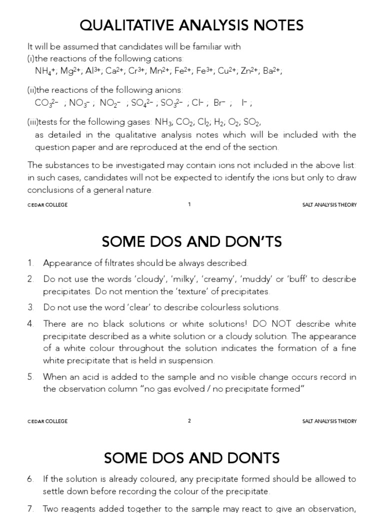 Qualitative Analysis Notes: Cedar College Salt Analysis Theory 1 | PDF ...