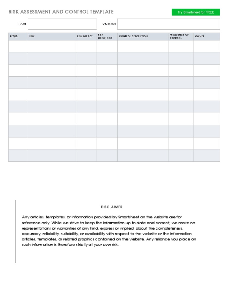 Risk Assessment and Control Template: Name Objective | PDF