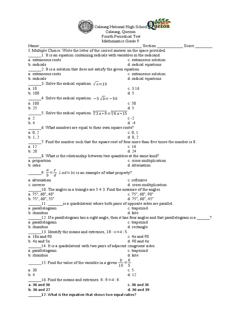 g9 Exam | PDF | Rectangle | Geometric Shapes