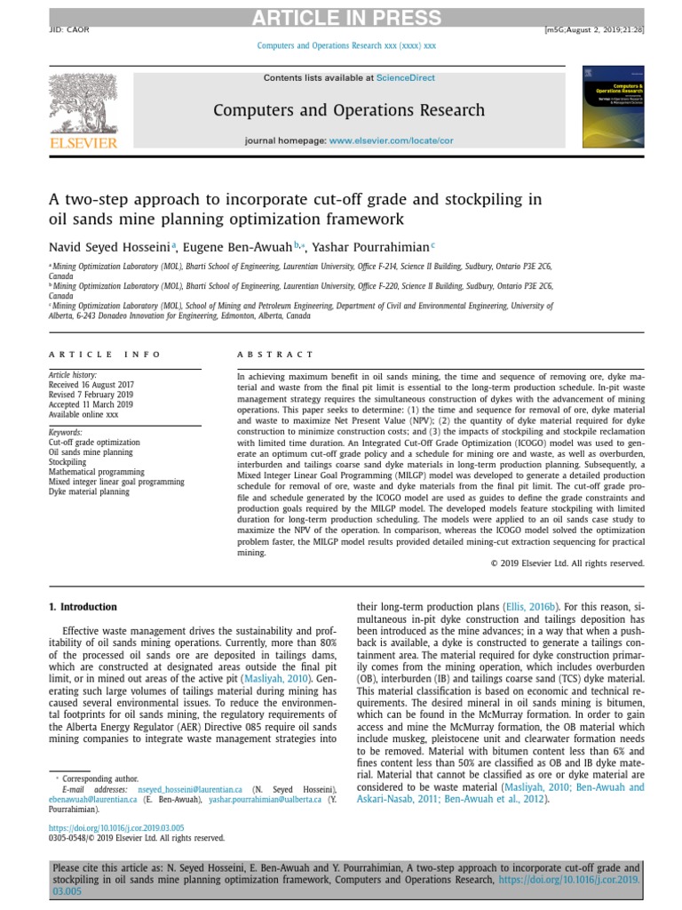 Computers and Operations Research: Navid Seyed Hosseini, Eugene Ben-Awuah, Yashar Pourrahimian ...