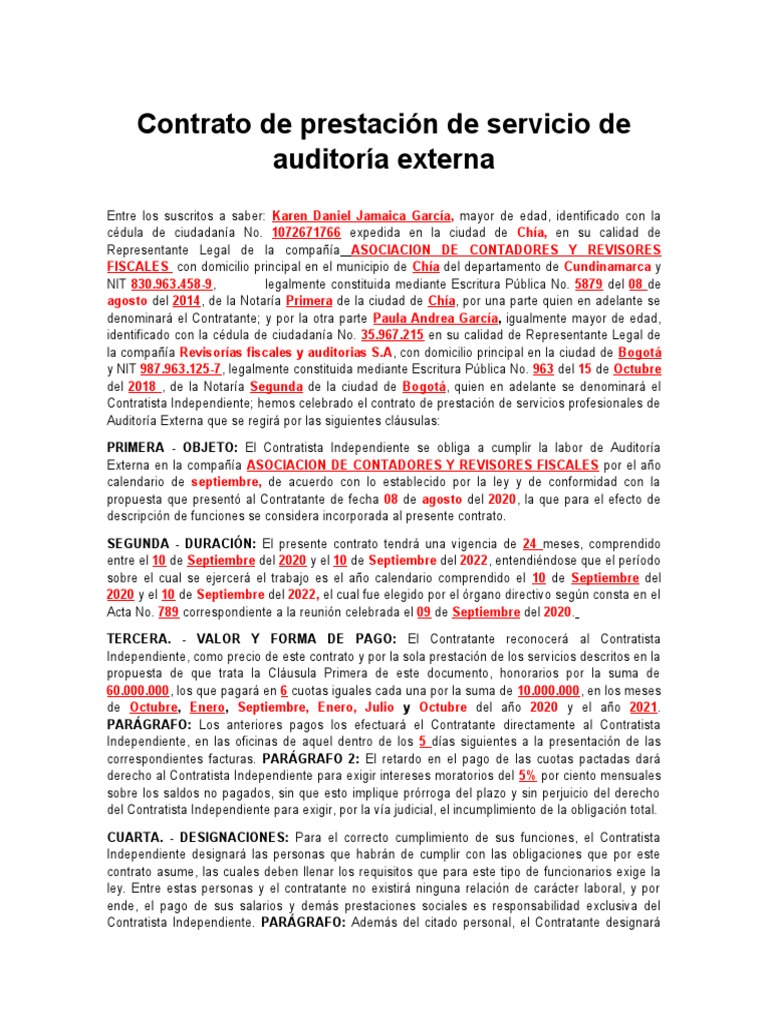 Contrato de Prestacion Servicio Auditoria Externa | PDF | Auditoría | Salario de emisión de contrato