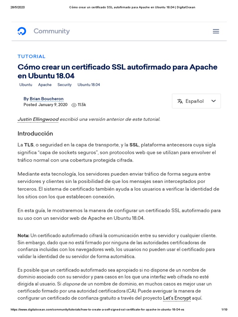 Cómo Crear Un Certificado SSL Autofirmado para Apache en Ubuntu 18.04 - DigitalOcean | PDF ...