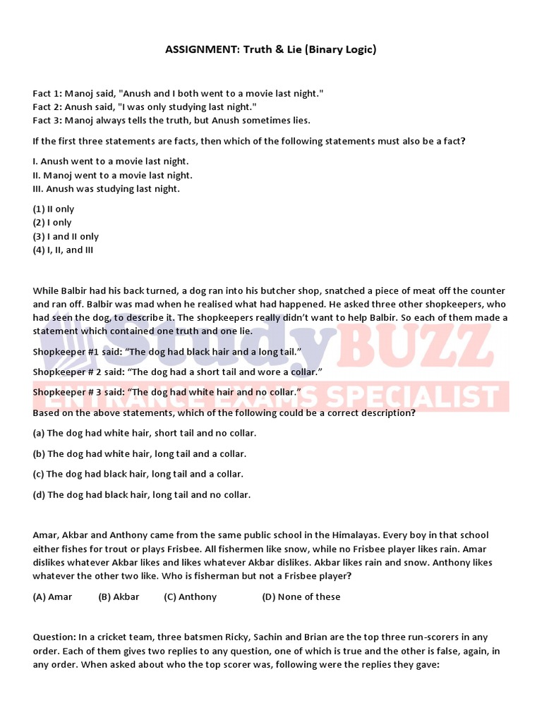 Truth & Lie (Binary Logic) | PDF | Truth | Logic