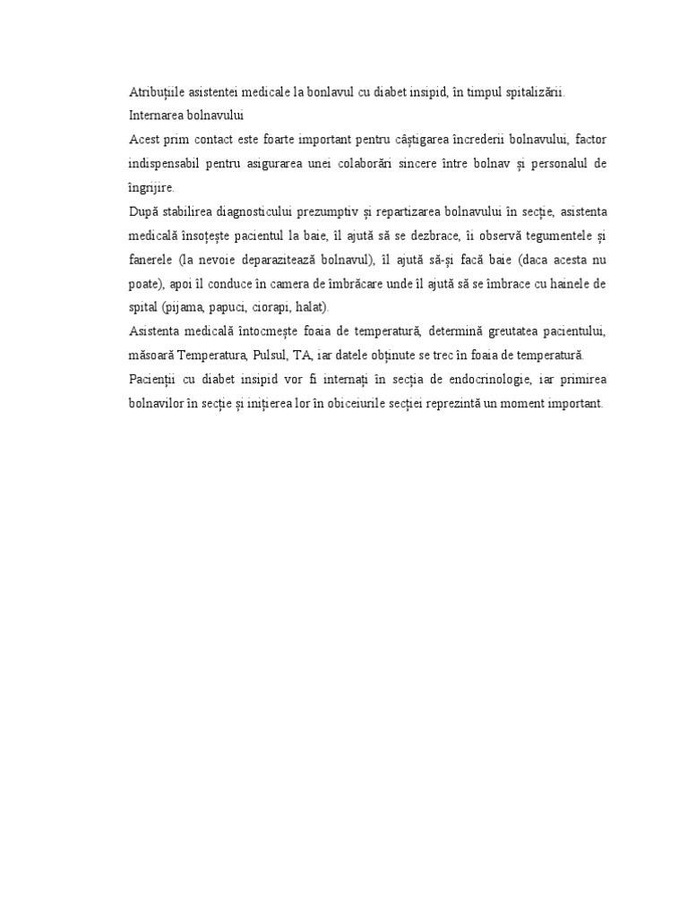 Atribuțiile Asistentei Medicale La Bonlavul Cu Diabet Insipid | PDF