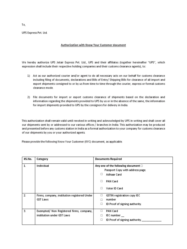 UPS Express KYC Authorization for Customs Clearance | PDF | Identity ...