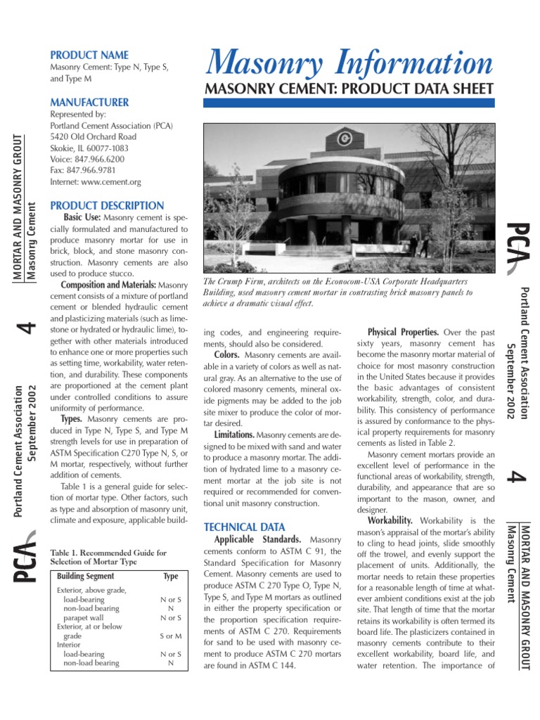 Masonry Information: Masonry Cement: Product Data Sheet | PDF