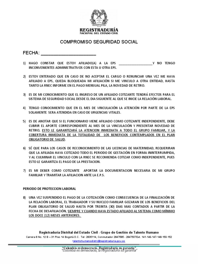 Formato Carta Compromiso Seguridad Social | PDF | Bogotá | Gobierno