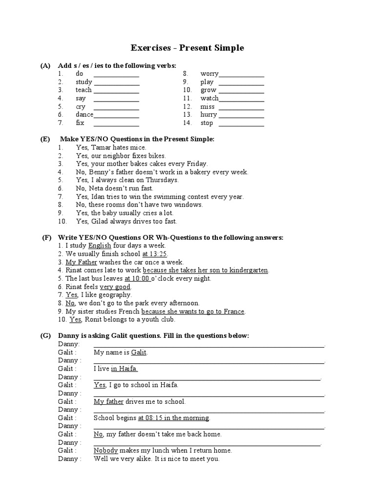 Exercises - Present Simple: (A) Add S / Es / Ies To The Following Verbs ...