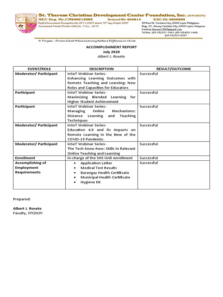 Accomplishment Report July 2020: Albert J. Rosete | PDF
