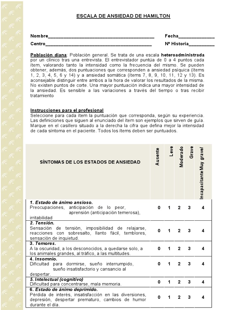Escala de Ansiedad de Hamilton Word | PDF | Ansiedad | Especialidades ...