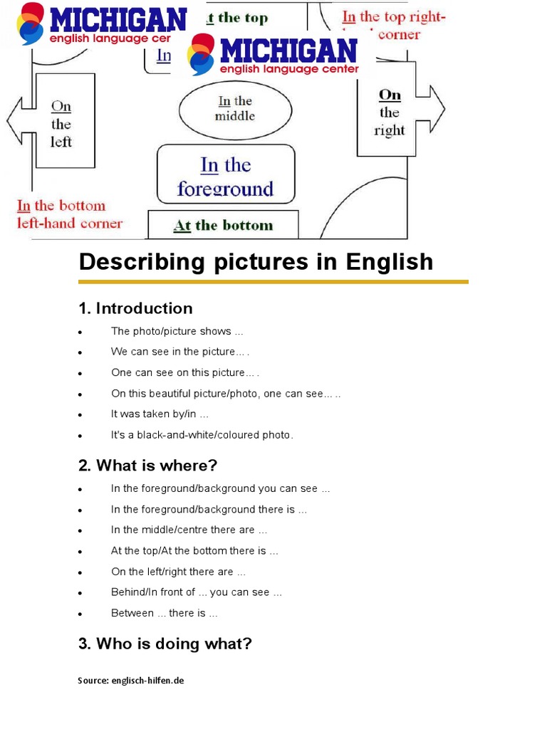 Describing Pictures in English: Source: Englisch-Hilfen - de | PDF