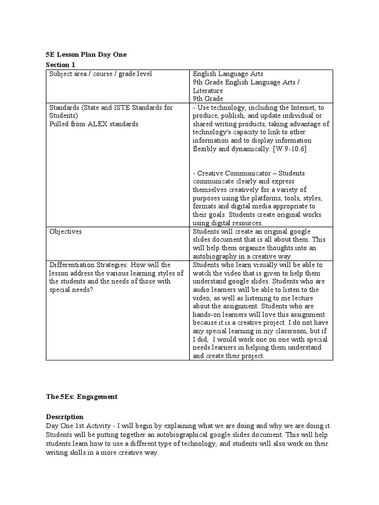 5E Lesson Plan Day One Section 1 | Download Free PDF | Lesson Plan ...