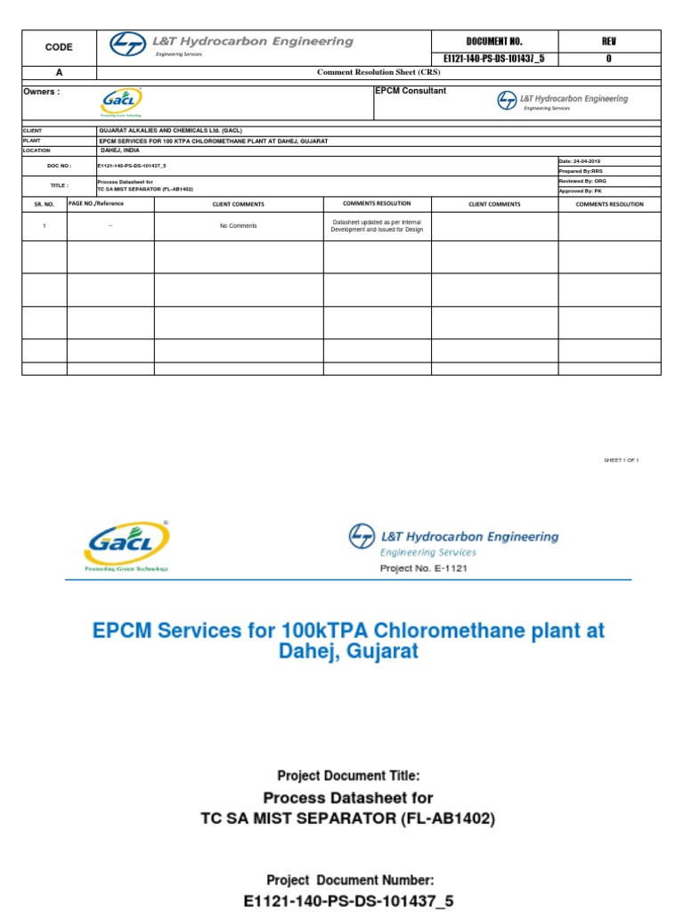 Code A: Comment Resolution Sheet (CRS) Owners: EPCM Consultant | PDF ...