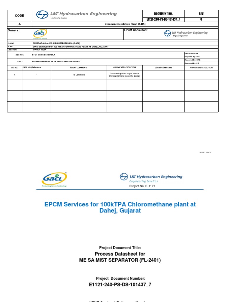 Comment Resolution Sheet (CRS) : Document No. REV E1121-240-PS-DS ...