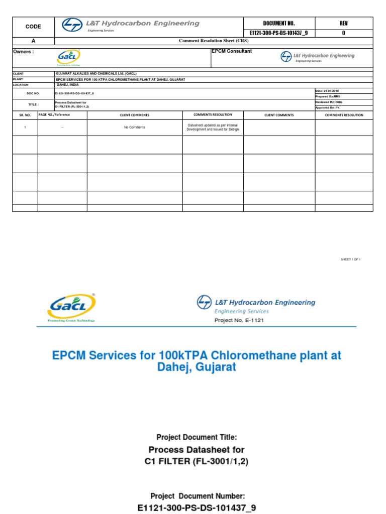 Code A: Comment Resolution Sheet (CRS) Owners: EPCM Consultant | PDF ...