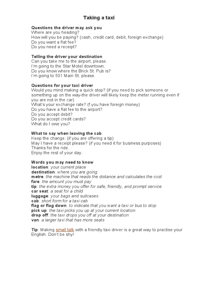 Taking A Taxi: Small Talk | PDF
