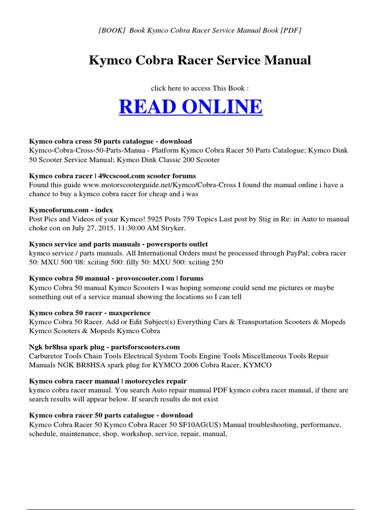 Read Online: Kymco Cobra Racer Service Manual | PDF | Motorcycle | Vehicles